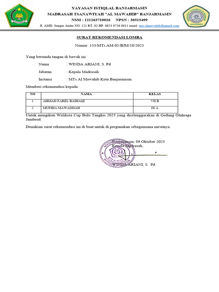 119 Surat Rekomendasi Lomba Futsal | PDF
