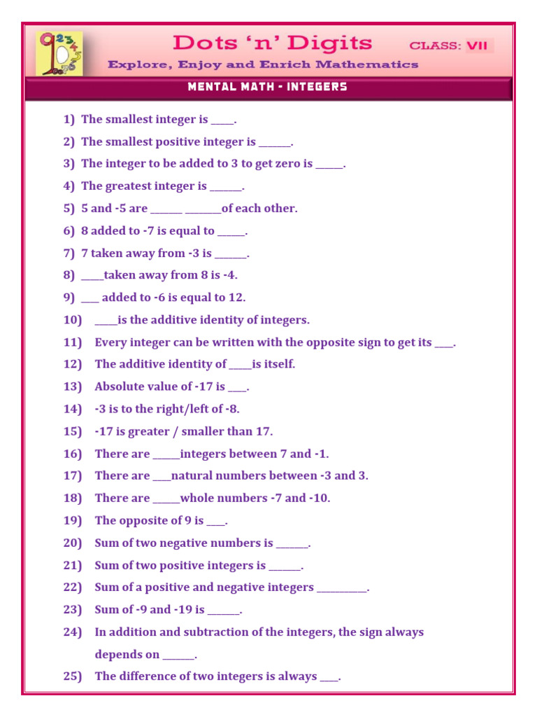 VII - Integers Mental Math | PDF | Teaching Methods & Materials