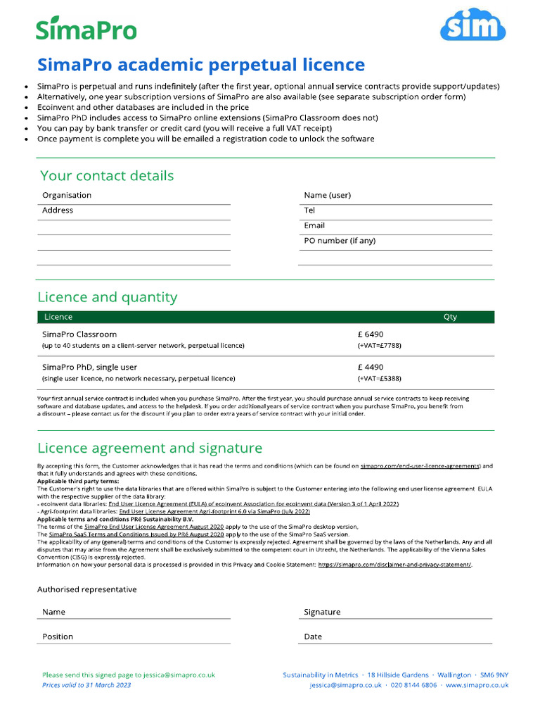 SimaPro Academic Perpetual Licence FORM | PDF