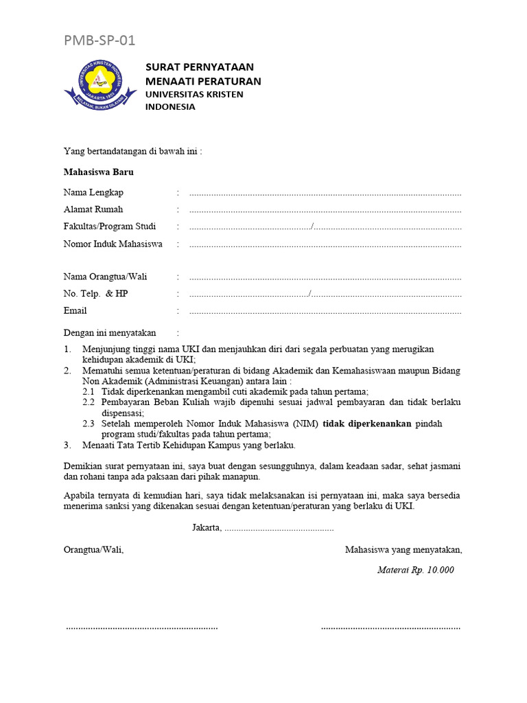 Surat Pernyataan Mahasiswa Baru UKI | PDF