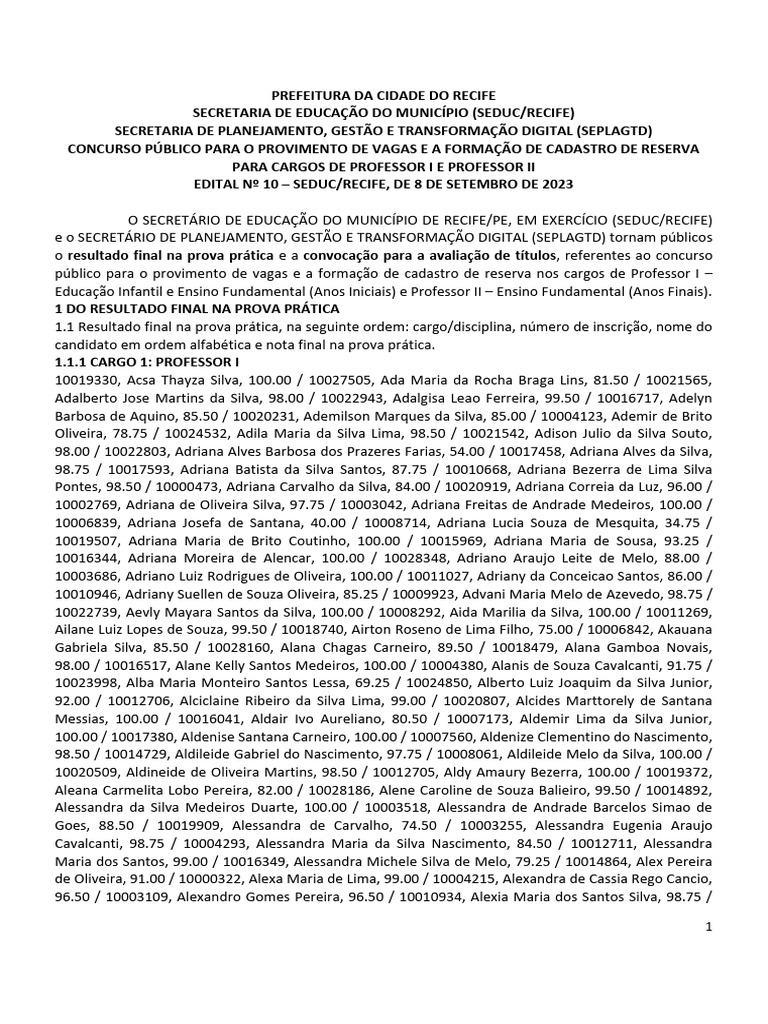 Ed 10 Seduc Recife Res Final Prova Prtica Conv Tit | PDF