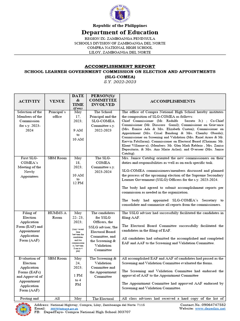 Accomplishment Report COMEA | PDF | Elections | Governance