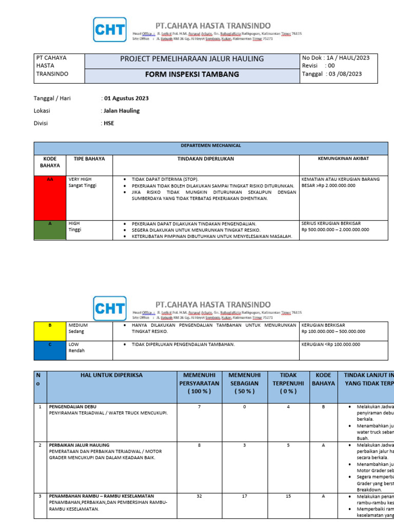 Form Inspeksi Tambang | PDF