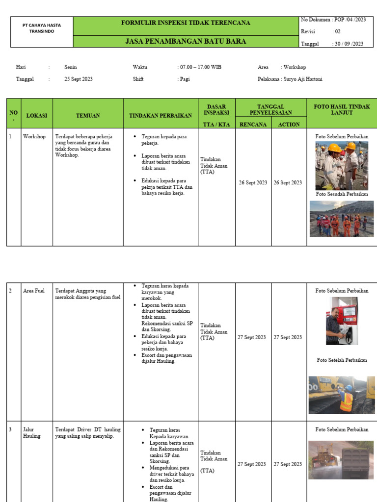 Inspeksi Tidak Terencana PT Cahaya Hasta | PDF