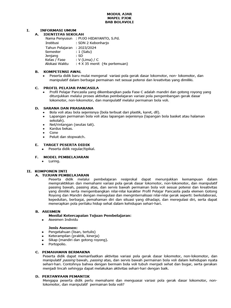 02 Modul Ajar Fase C Kelas 5 Permainan Net Bolavoli | PDF | Karier & Perkembangan