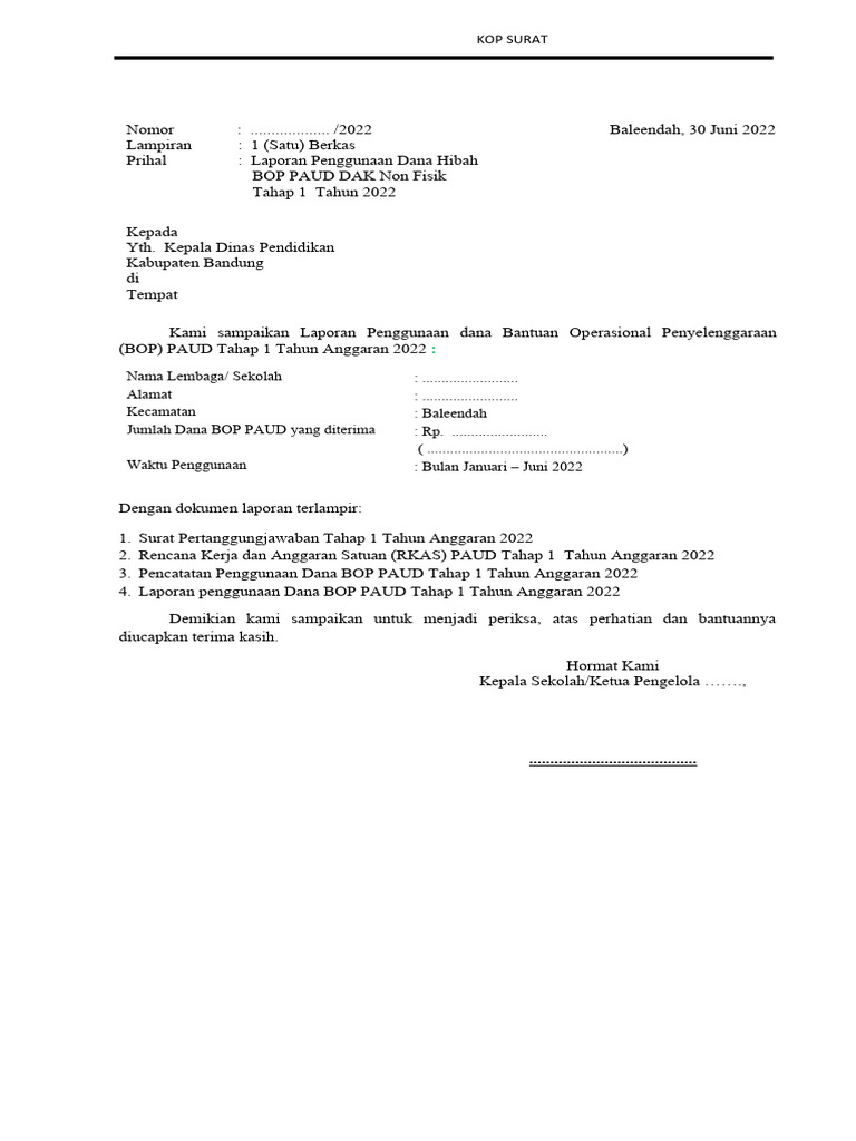 2 Surat Penyampaiaan Bop 1 Ta 2022 | PDF
