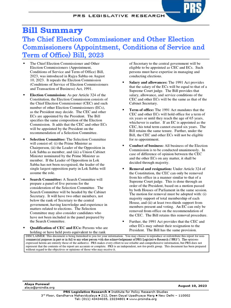 Bill Summary Chief Election Commissioner and Other Election ...