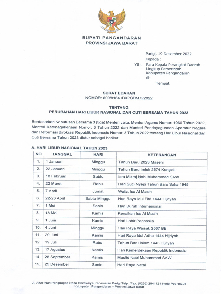 Surat Edaran Hari Libur Nasional Dan Cuti Bersama Tahun 2023 | PDF