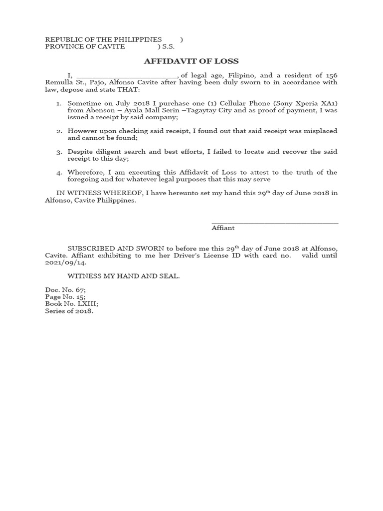 AFFIDAVIT OF LOSS misplacedOD CELL PHONE | PDF