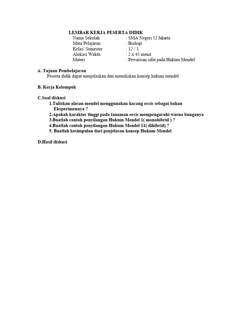 Lembar Kerja Peserta Didik 12 Ipa HK Mendel | PDF