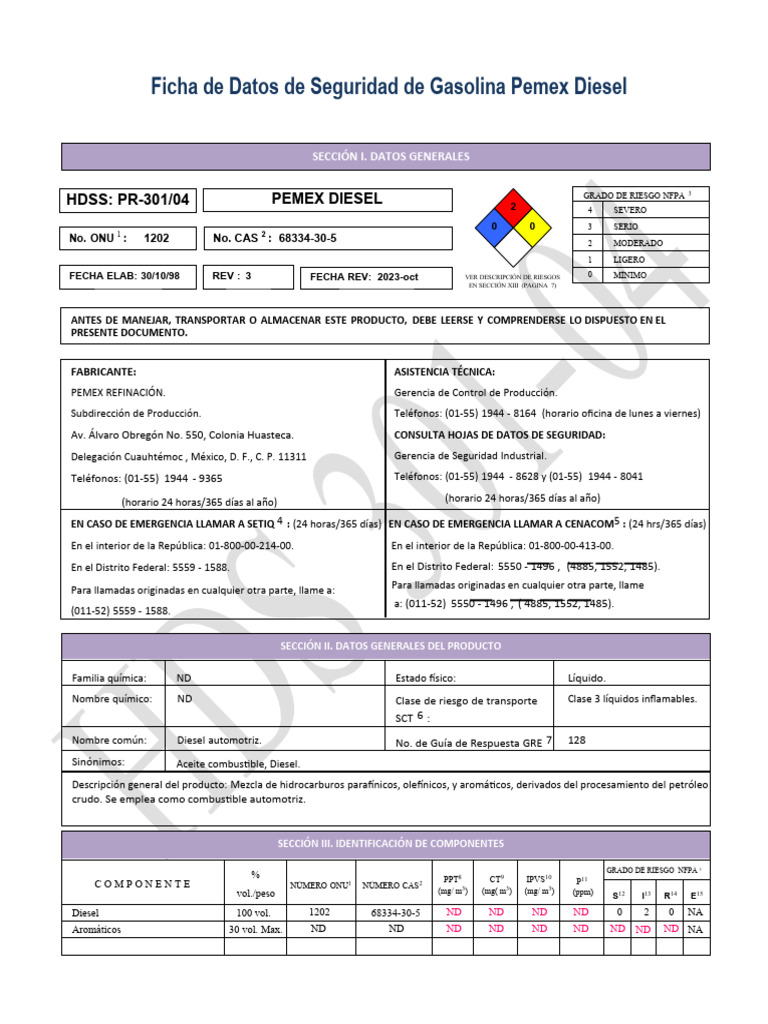 Hoja de Datos de Seguridad Gasolina | PDF