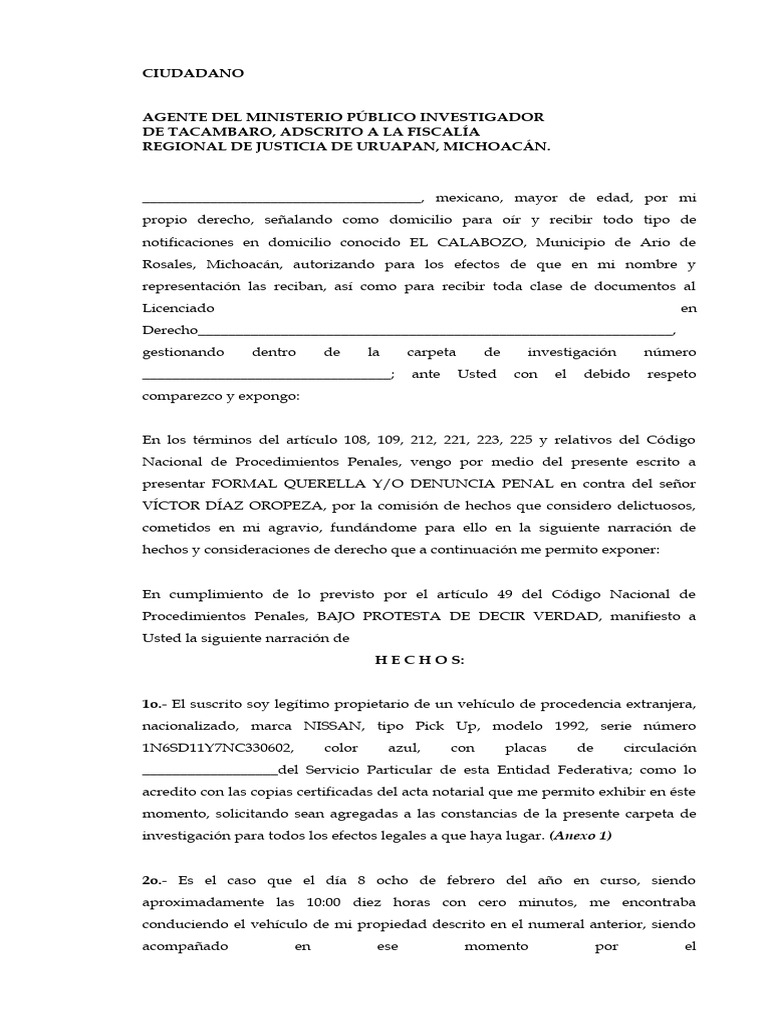 FORMATO DE QUERELLA POR CHOQUE | PDF | Queja | Ley común