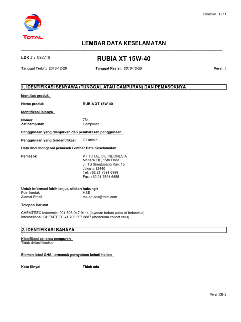 Msds Oli Total Rubia XT 15w-40 | PDF