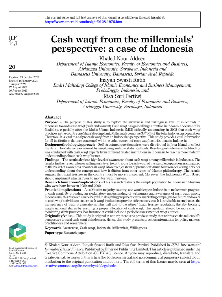 Cash Waqf From The Millennials Perspective A Case of Indonesia - 2022 - Emerald Publishing | PDF ...