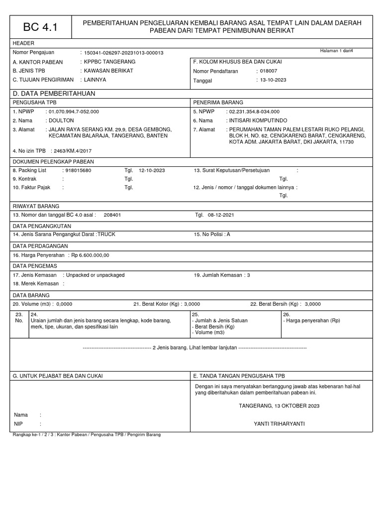 Pemberitahuan Pengeluaran Kembali Barang Asal Tempat Lain Dalam Daerah Pabean Dari Tempat ...