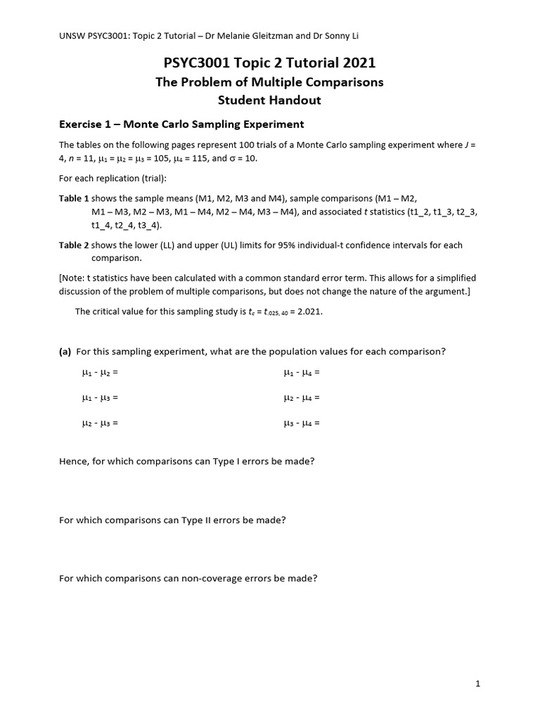 PSYC3001 Topic 2 Tutorial Handout | PDF