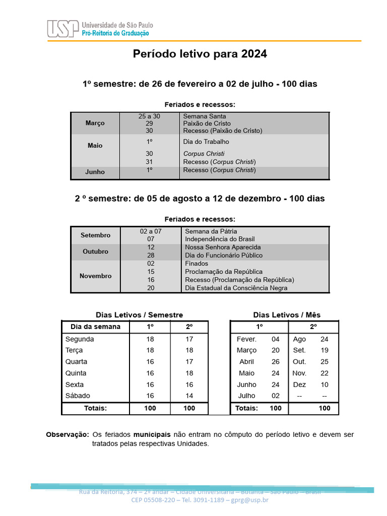 Calendário Usp 2024 | PDF