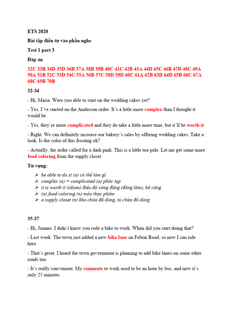 Đáp án điền từ ETS 2020 test 1 part 3 | PDF | Teaching Methods & Materials