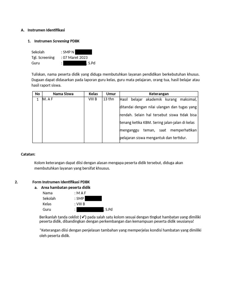Instrumen Identifikasi PDBK-lembar Kerja Identifikasi | PDF