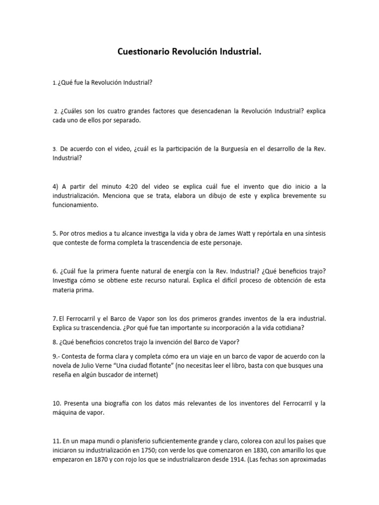 Cuestionario Revolucion Industrial 1a. Etapa | PDF