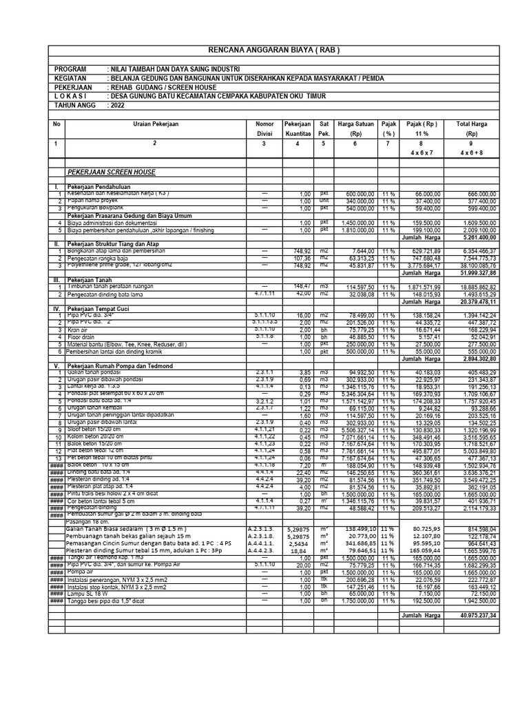 RAB Rehab Gudang di OKU Timur 2022 | PDF