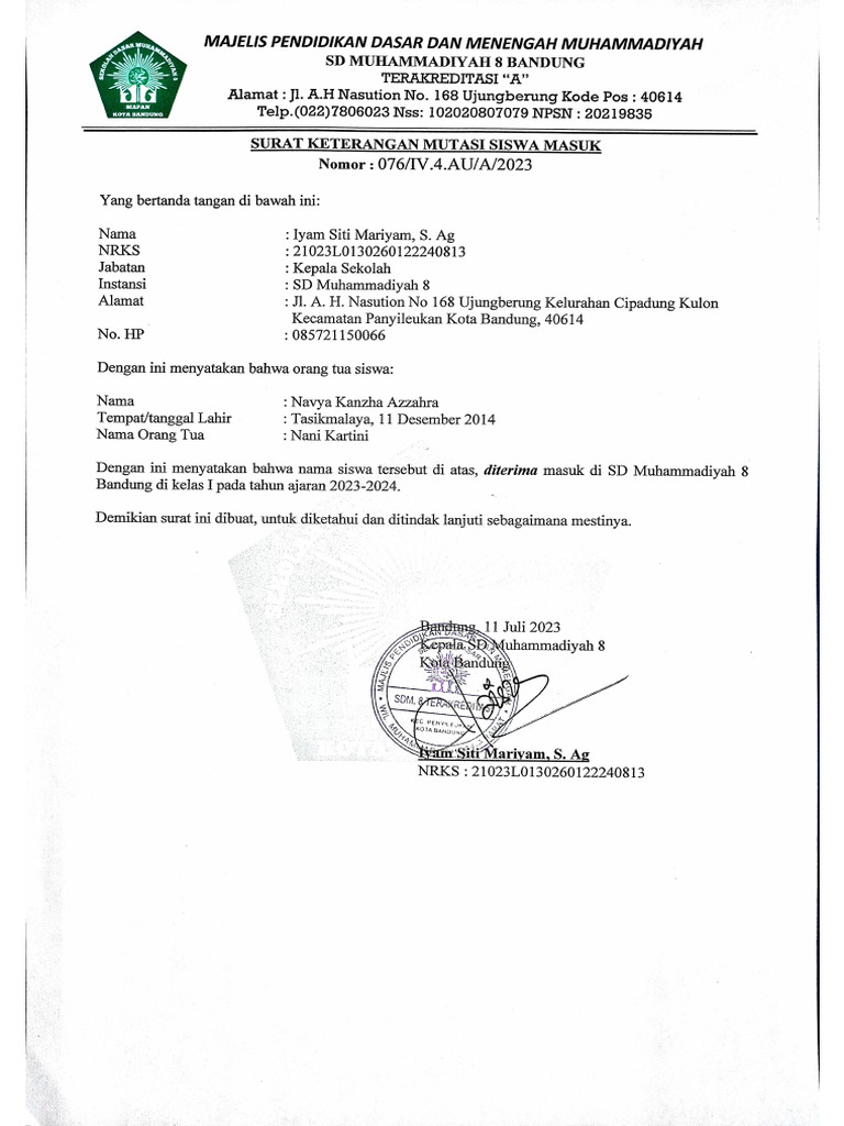 Surat Diterima Navya | PDF