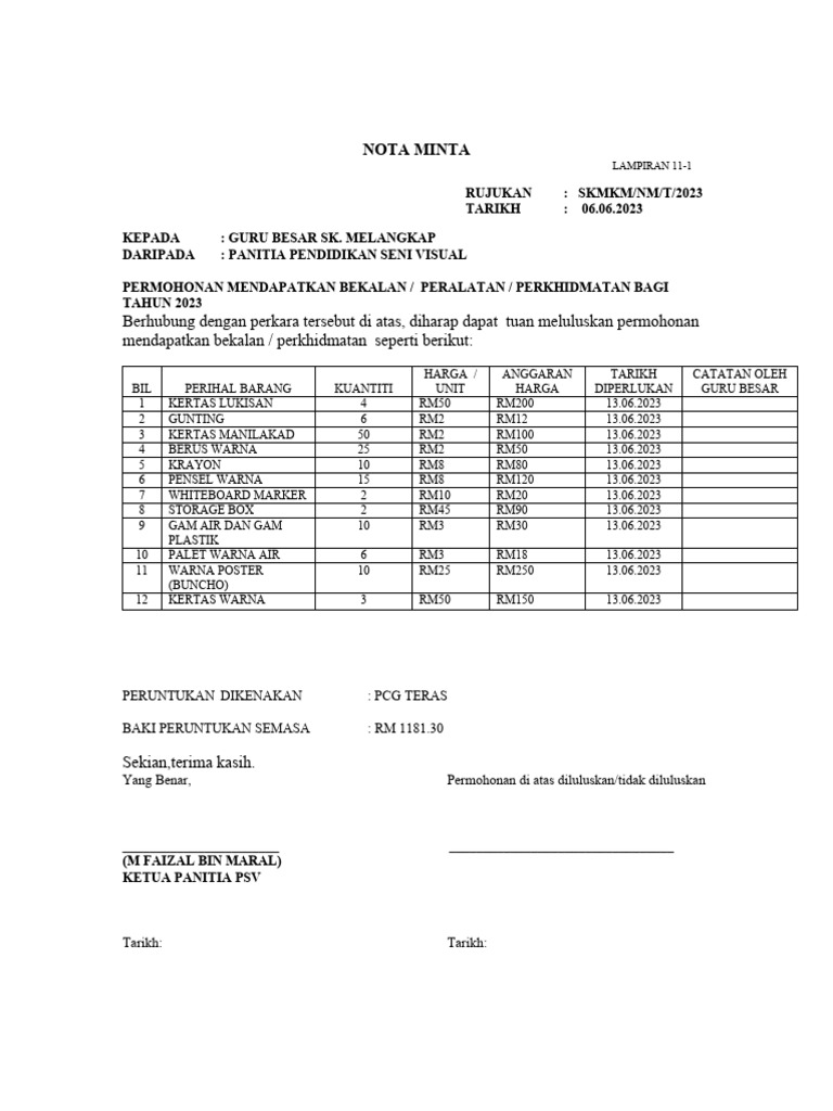 Nota Minta PSV 2023 | PDF