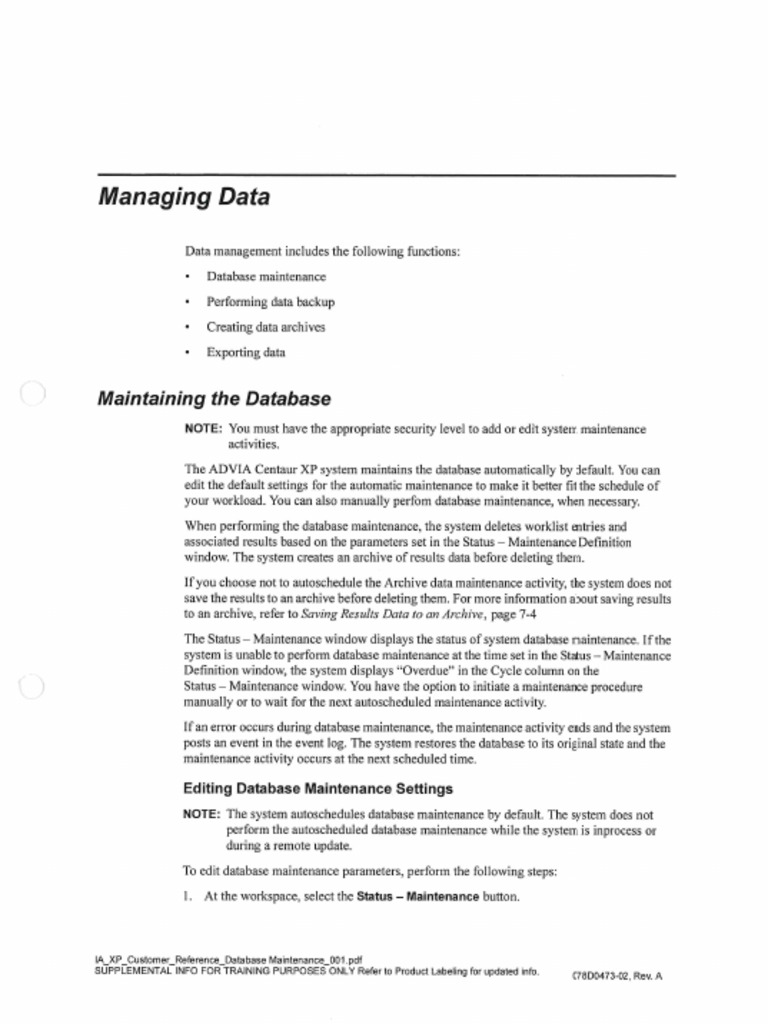 (ADVIA Centaur XP) Managing Database and Maintenance Guidelines | PDF