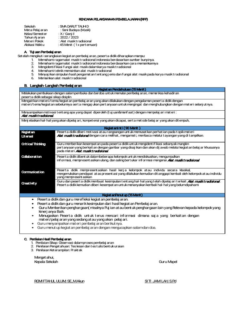 RPP Seni Budaya Kelas X | PDF