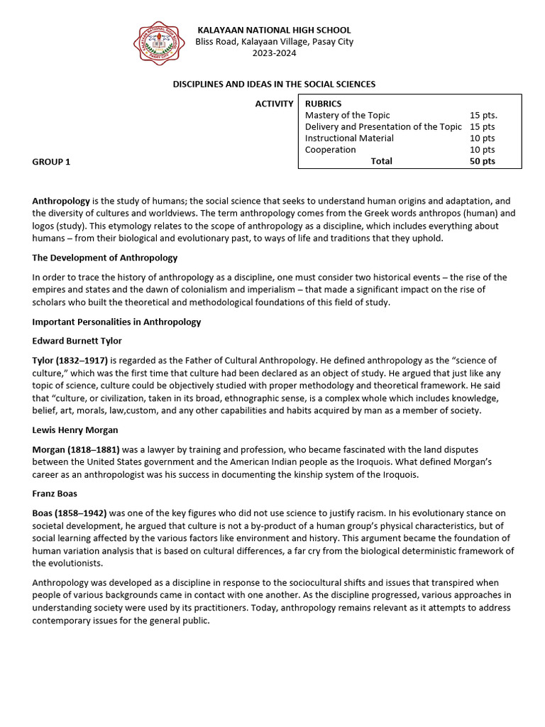 DISS 1st Activity Sheets Student | PDF | Psychology | Geography