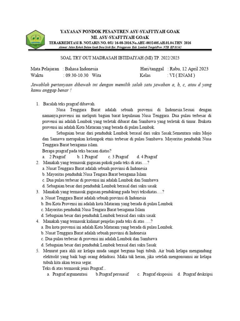 Soal AM Bhs Indonesia Tahun 2023 ACC - Yes - Rivisi Terbaru | PDF ...