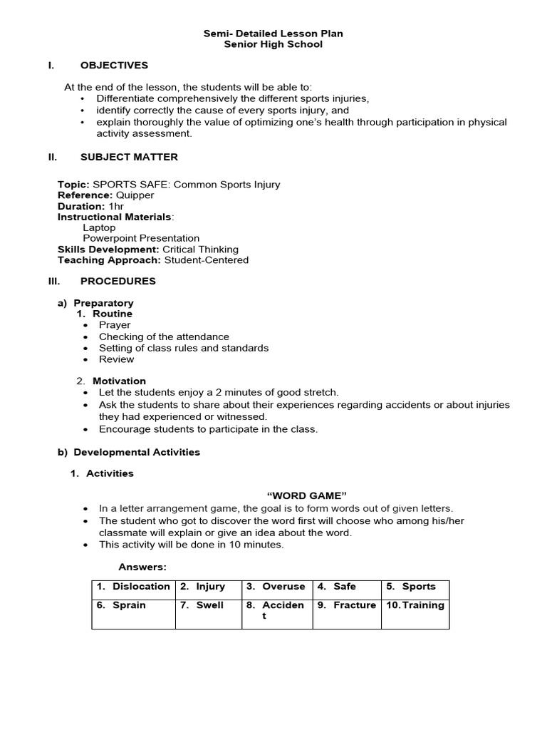 Lesson Plan | PDF | Injury | Lesson Plan