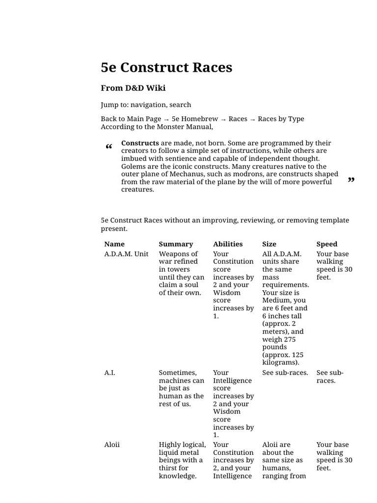 5e Construct Races - D&D Wiki | PDF