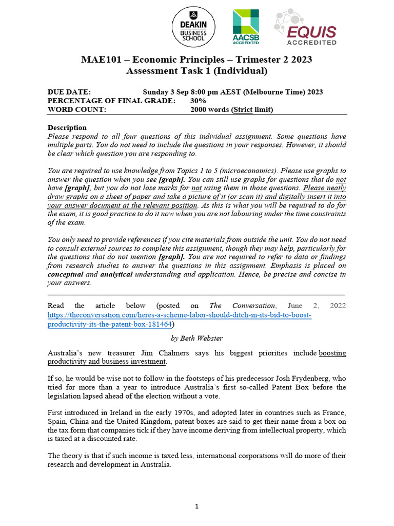 Assignment 1 MAE101 T2 2023 | PDF | Externality | Taxes