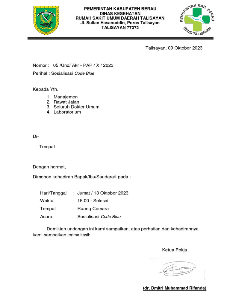 13 Oktober Undangan Sosialisasi Code Blue | PDF