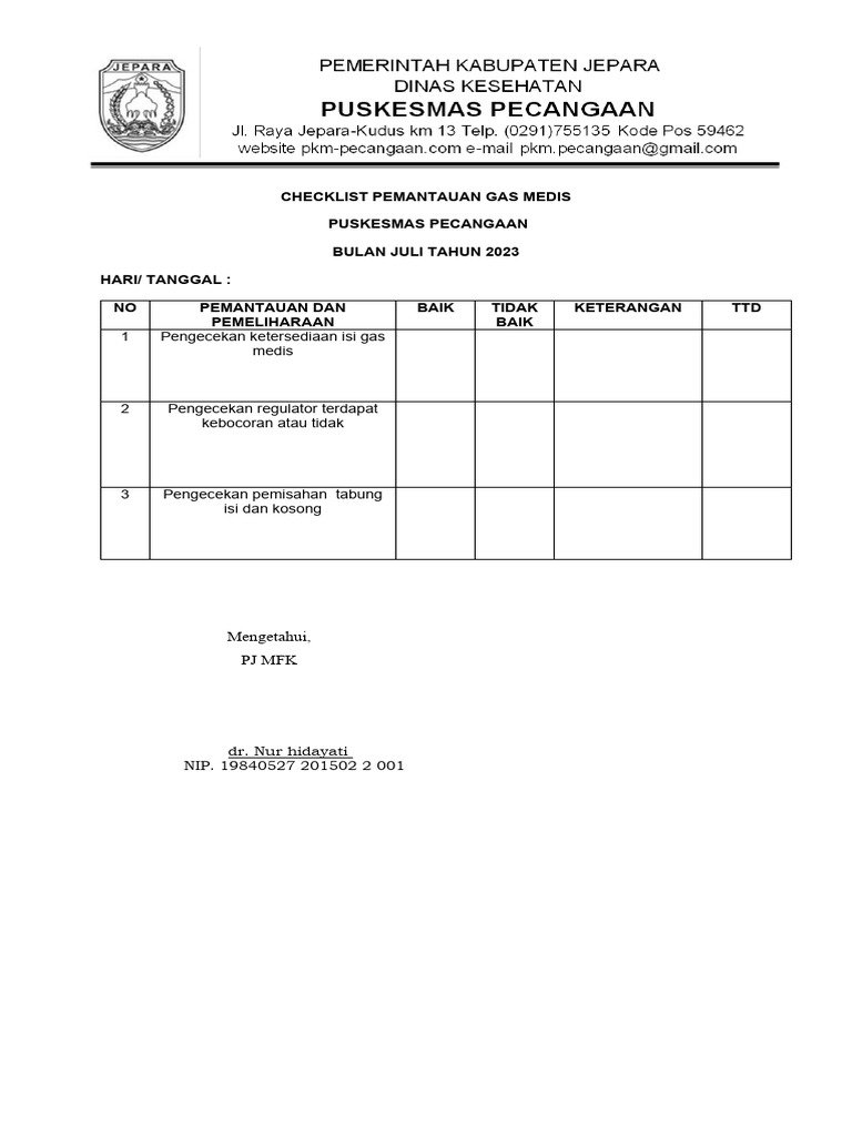 Check List Pemantauan Gas Medis Bulan Juli | PDF