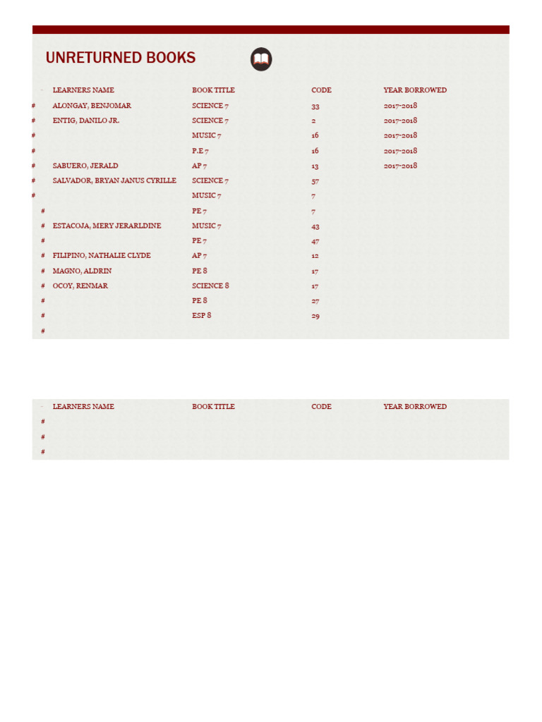Library Book Checkout Sheet | PDF