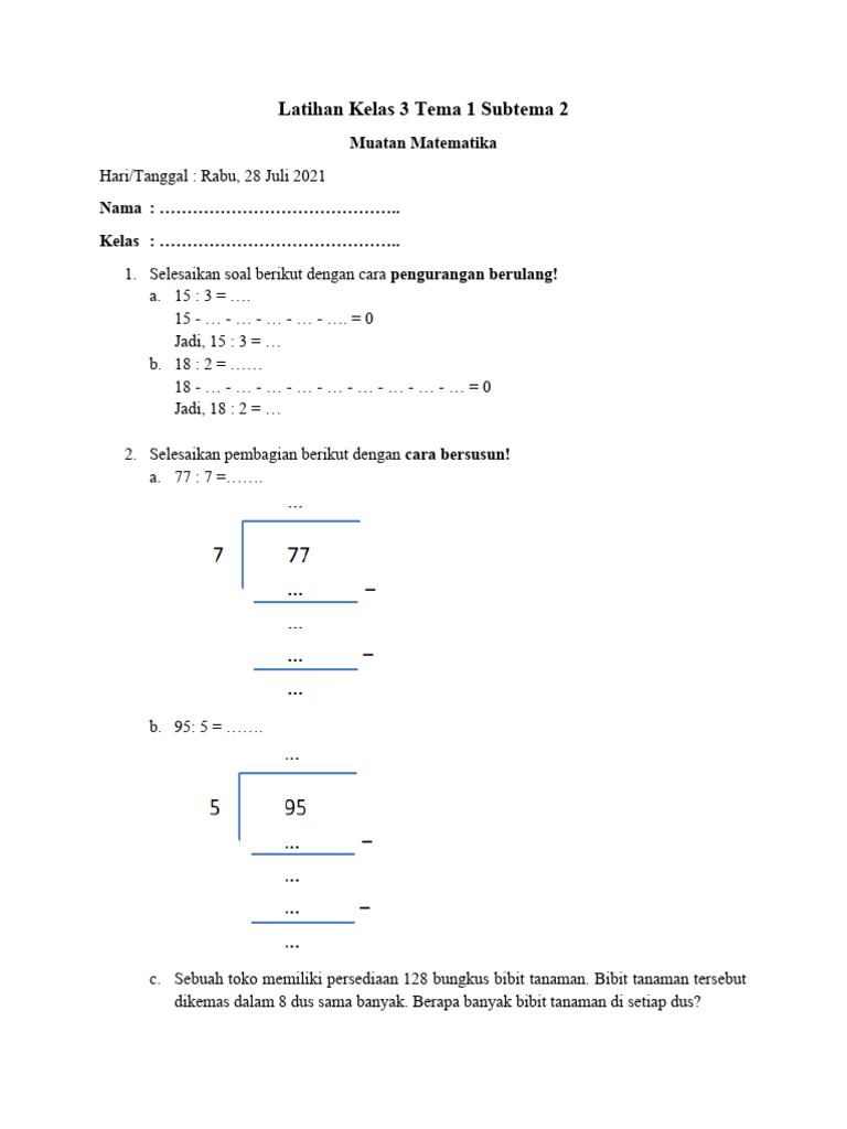 Latihan Kelas 3 Tema 1 Subtema 4 Mat | PDF