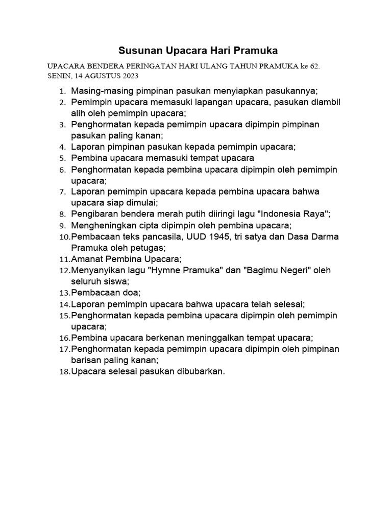Susunan Upacara Hari Pramuka 2023 | PDF