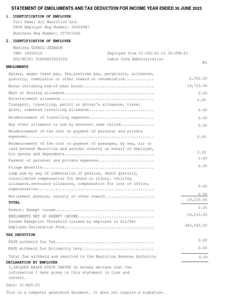 Statement of Emoluments and Tax Deduction For Income Year Ended 30 June ...