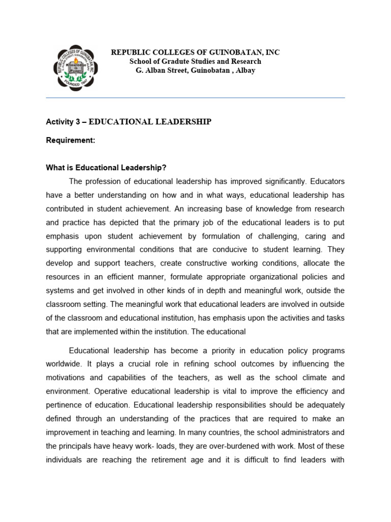 Activity 3 Educational Leadership | PDF | Leadership | Transformational ...