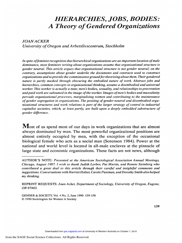 Hierarchies, Jobs, Bodies A Theory of Gendered Organizations Joan Acker ...