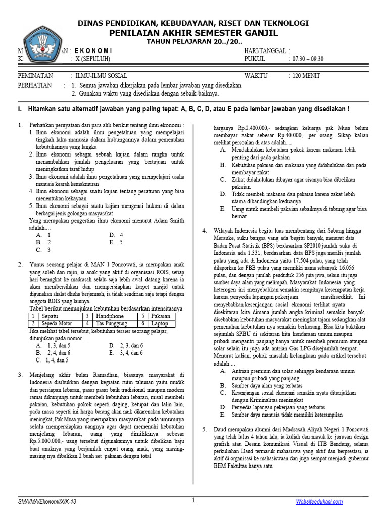 SOAL PAS EKONOMI KELAS X | PDF