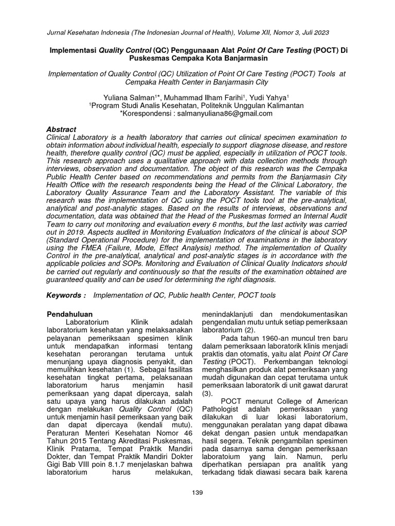 Implementasi Quality Control (QC) Penggunaaan Alat Point of Care ...