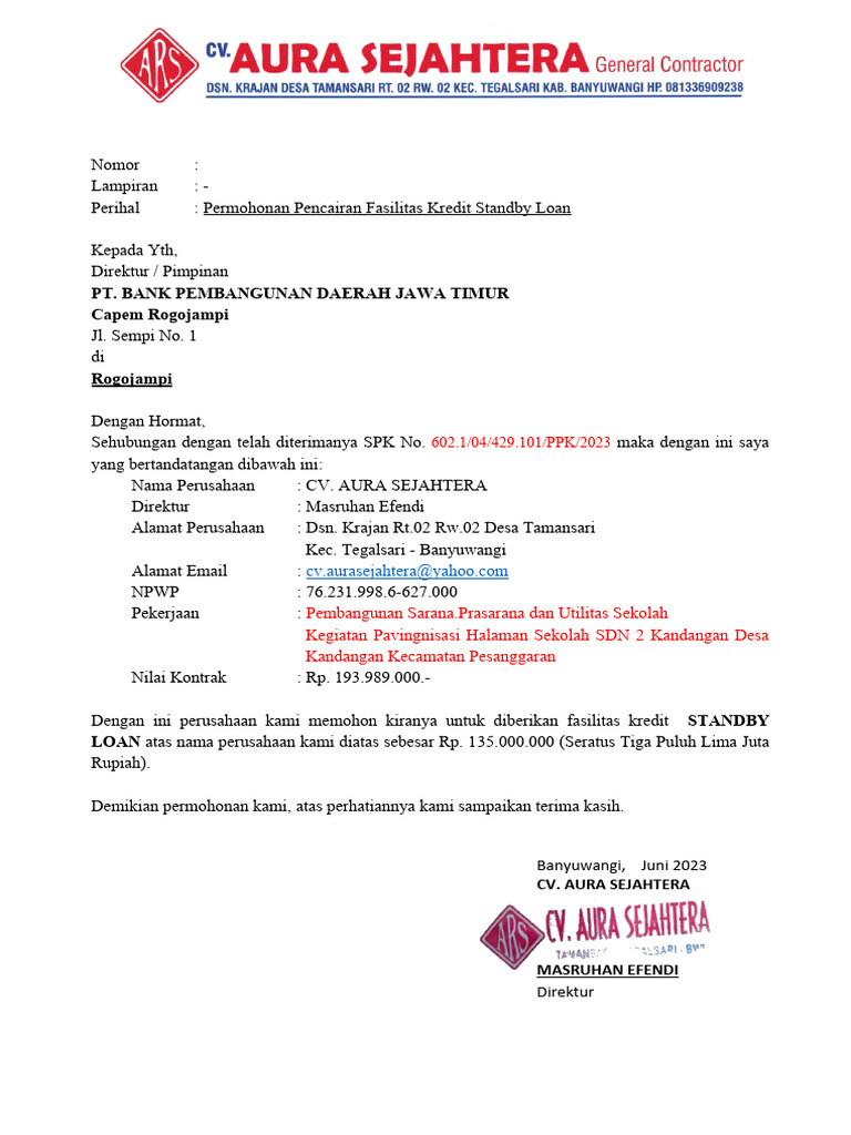 Surat Permohonan Fasilitas Kredit Standby Loan | PDF | Bisnis | Pengelolaan Keuangan & Uang