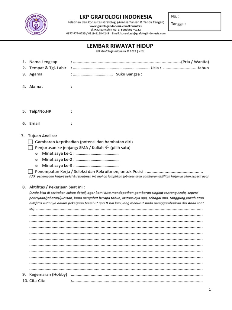Form RH (Riwayat Hidup) v2b - Grafologi Indonesia (2022) | PDF | Karier ...