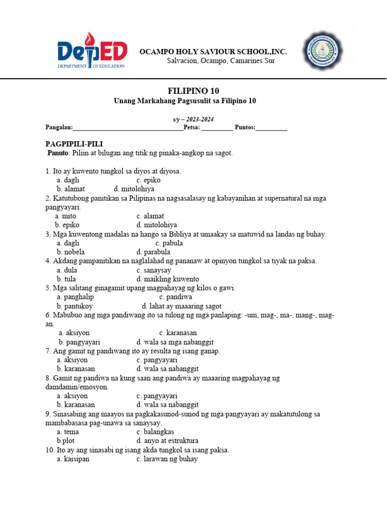 Filipino 10 1st Quarter Exam | PDF