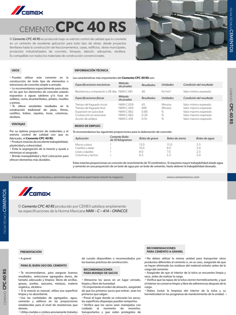 CPC 40 Rs - FT Cemex Industrial - Cementos | PDF | Hormigón | Cemento