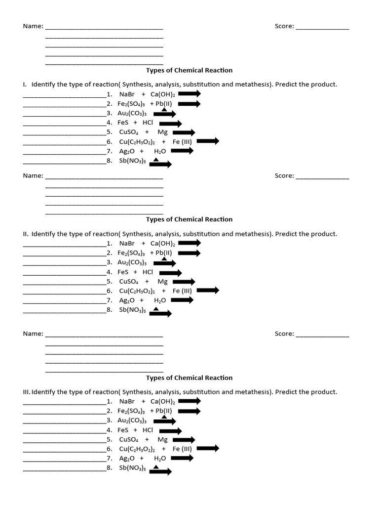 Types of Chemical Reactions Quiz | PDF | Chemical Reactions | Chemical ...