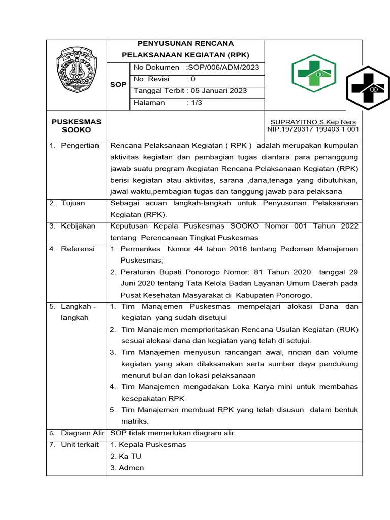 3.sop Penyusunan RPK | PDF